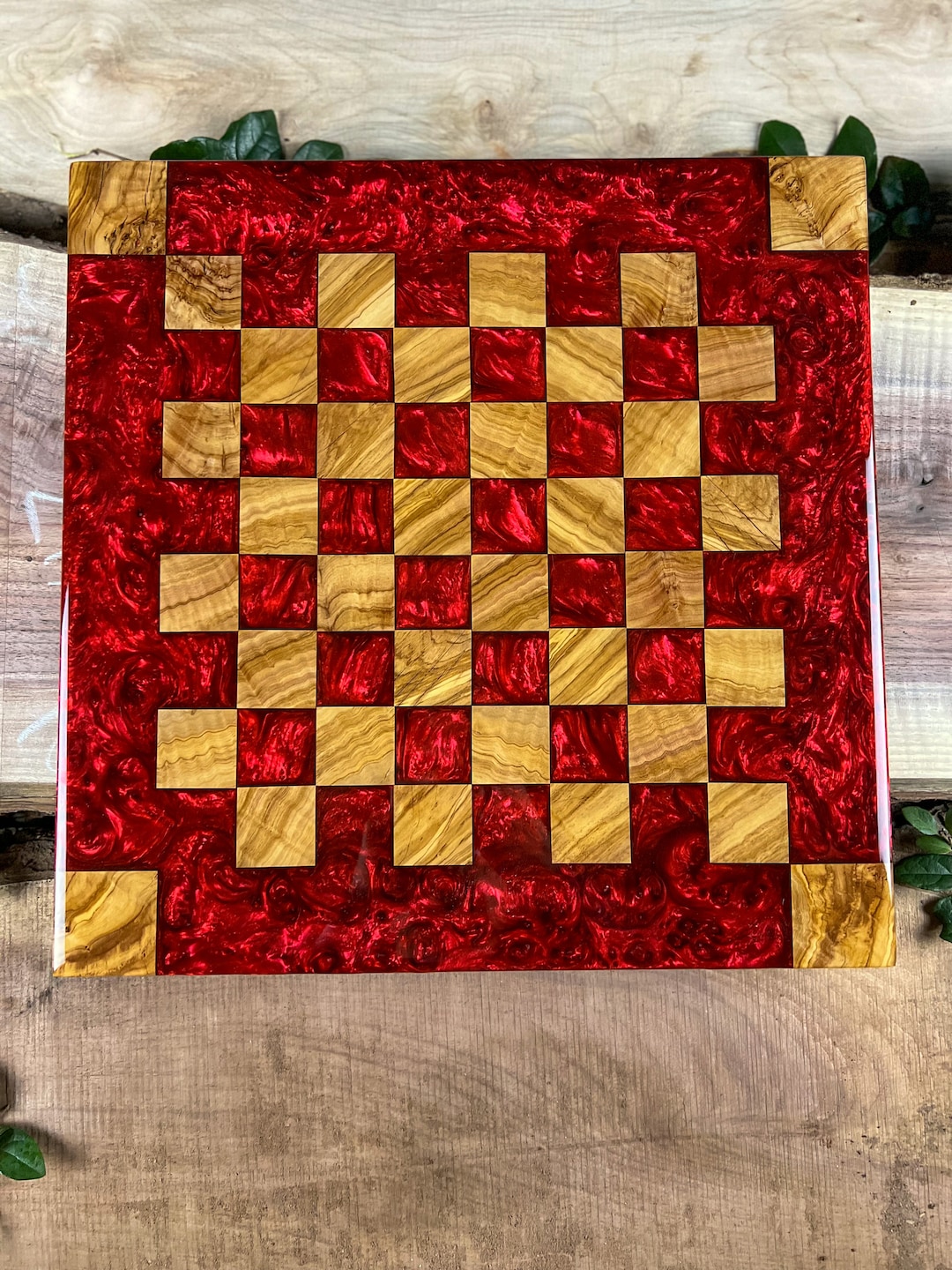 Olive Wood Red Lava Resin Chess Board - Etsy