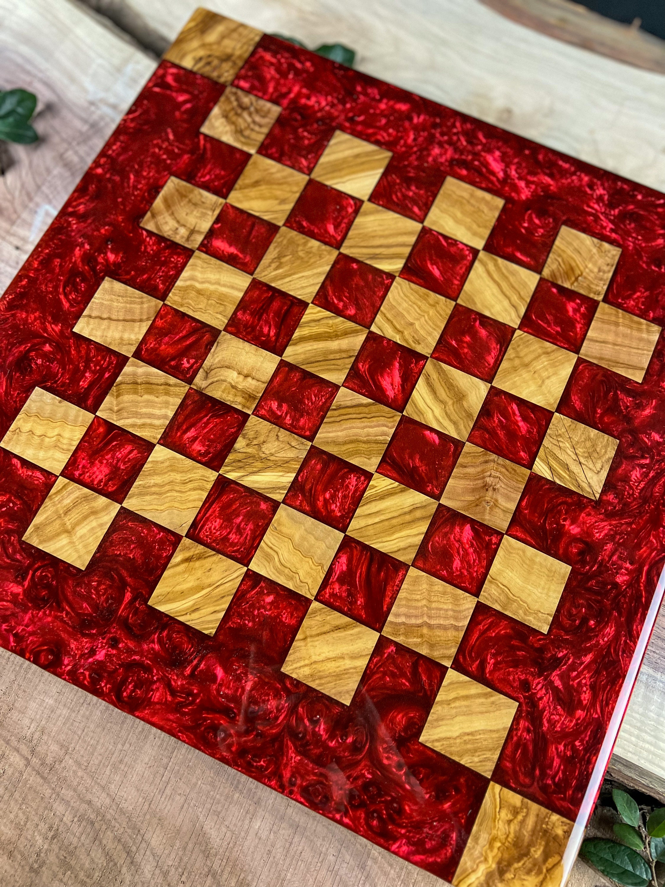 Olive Wood Red Lava Resin Chess Board - Etsy