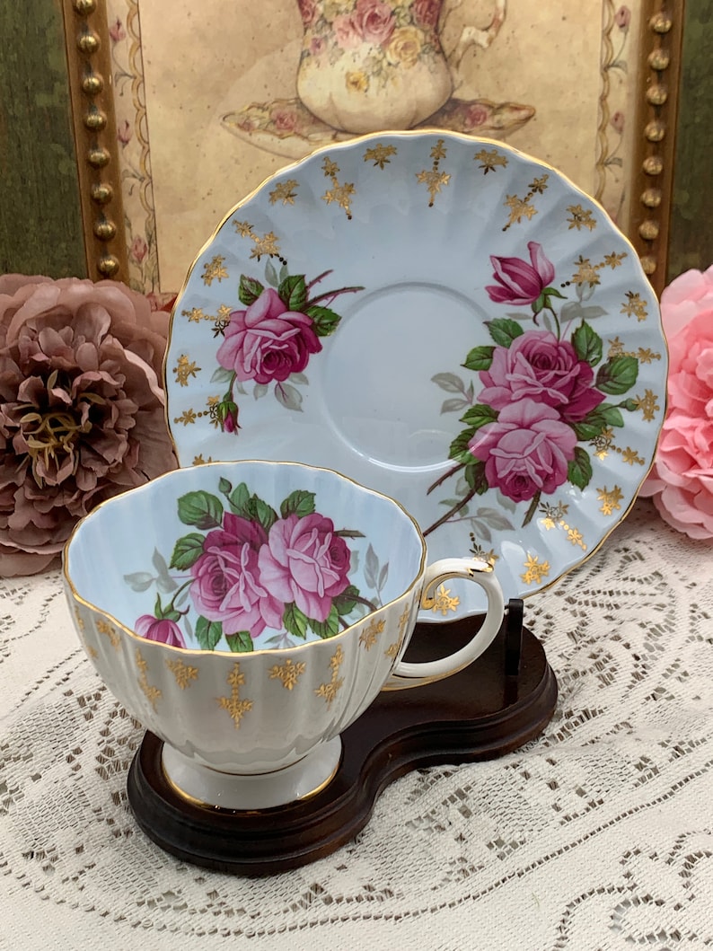 EB Foley Pale Blue and Cabbage Roses With Gold Rose Details - Etsy