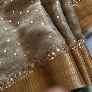 Gold Tissue Linen Saree With Mukaish Embroidery Lightweight and ...