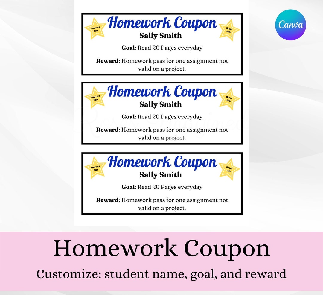 Homework Coupon Student Reward Canva Template - Etsy