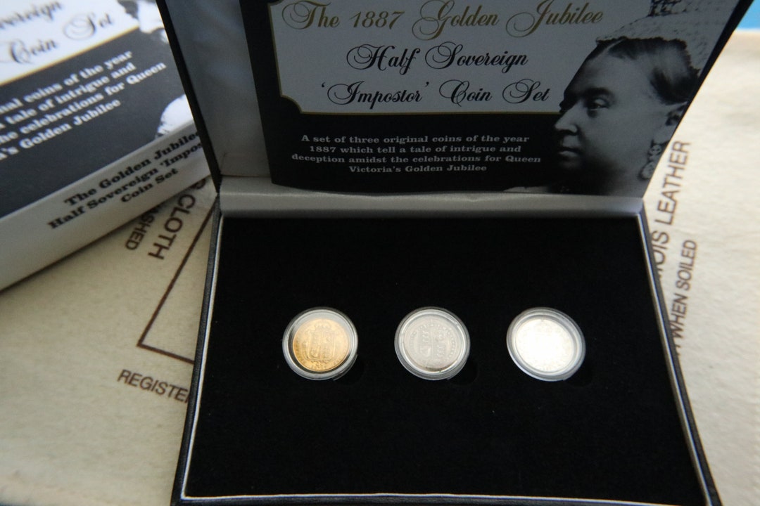 1887 Victorian 22 Karat Gold 1/2 Sovereign and Silver Sixpence Coin Set ...