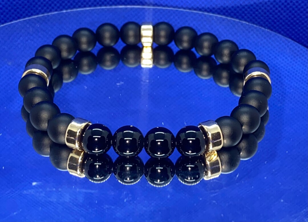 Elastic Black Onyx Beads With 14K Solid Gold Bracelet - Etsy