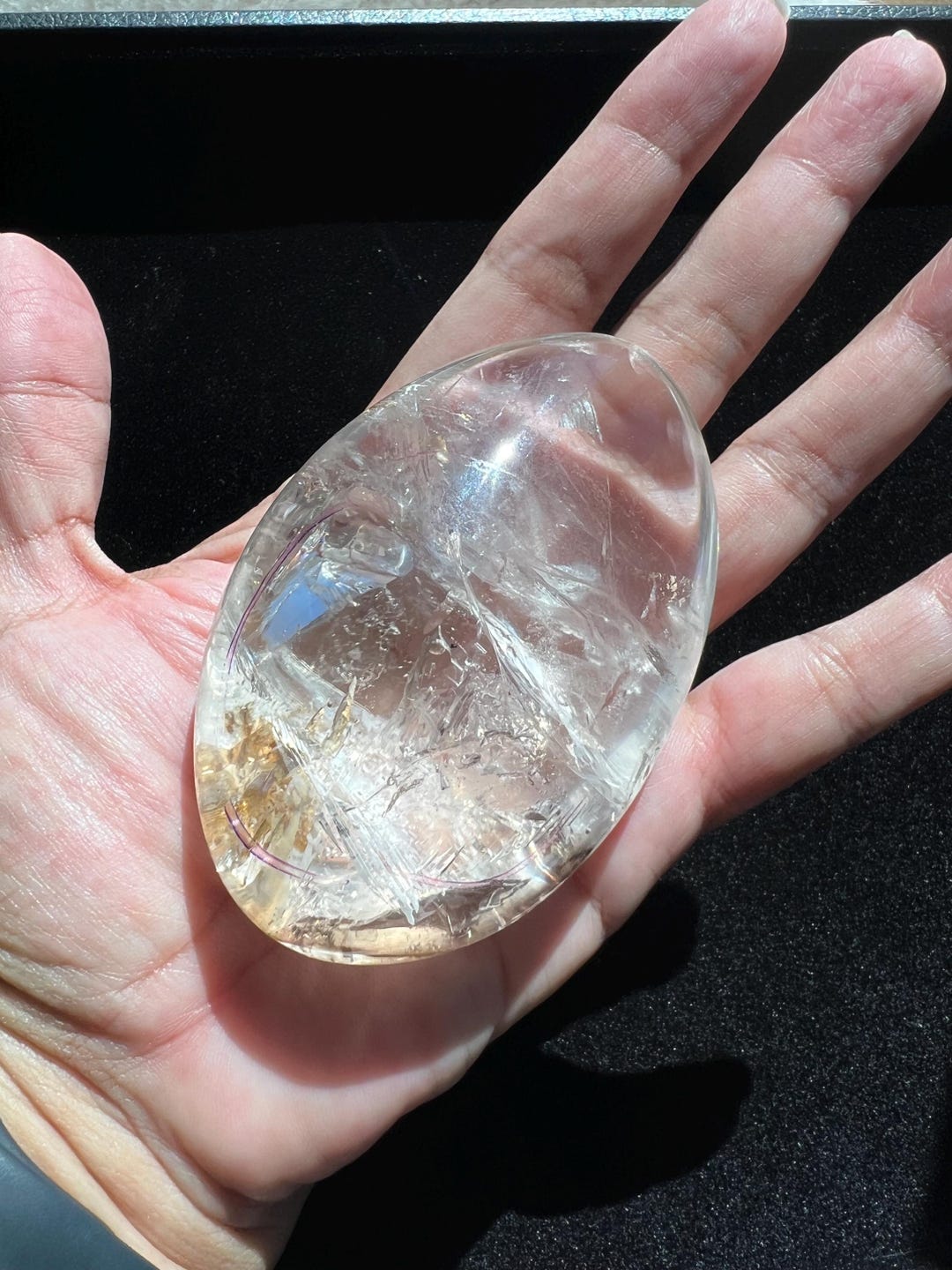 Clear Quartz + Golden Healer Enhydro Quartz Palm Stone: Moving Water ...