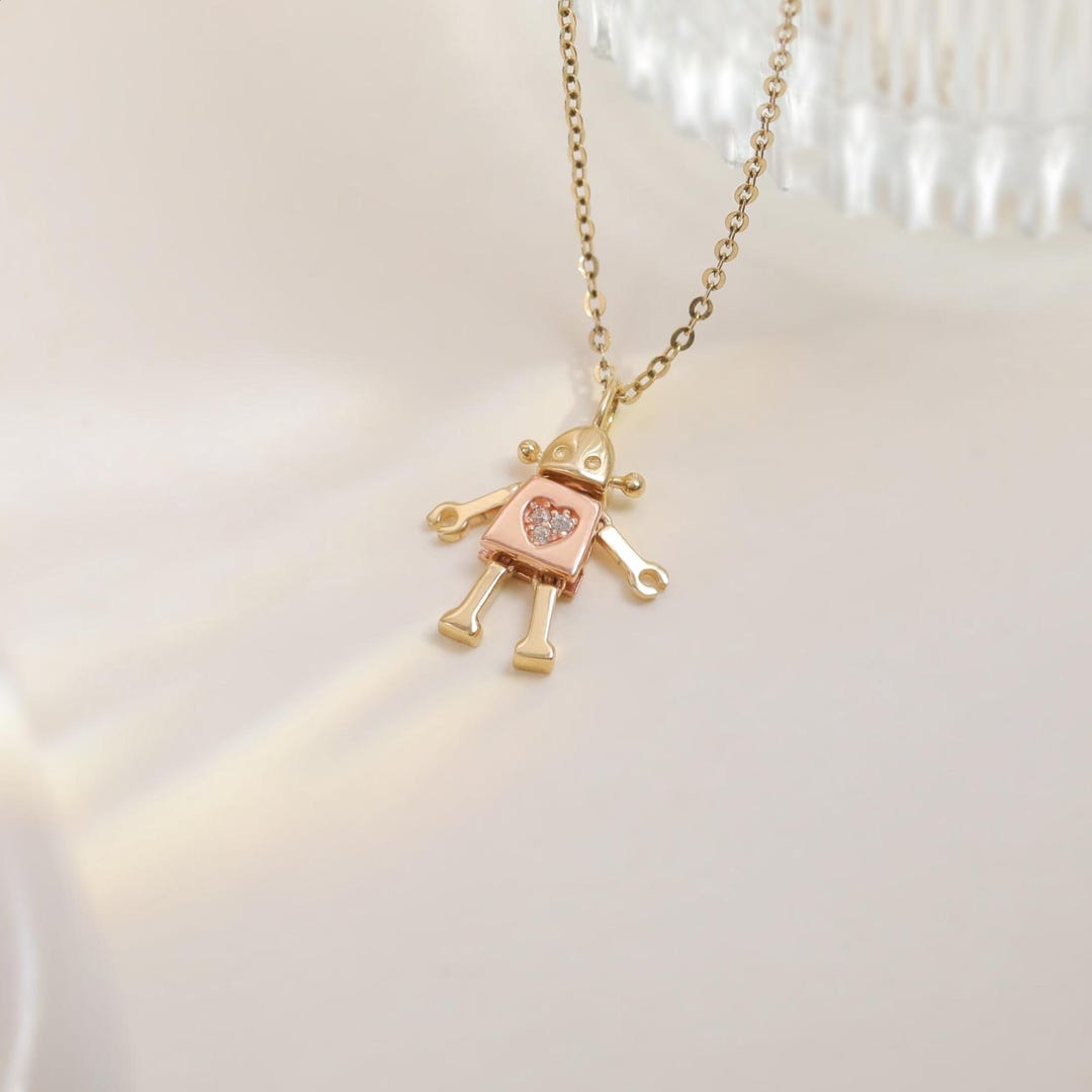 14K Solid Gold Robot Necklace, Solid Gold Necklace Pendent, Little ...