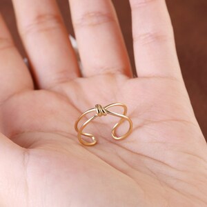 14k Solid Gold Bow Knot Open Ring, Solid Gold Ribbon Adjustable Ring With Minimalist Design ...