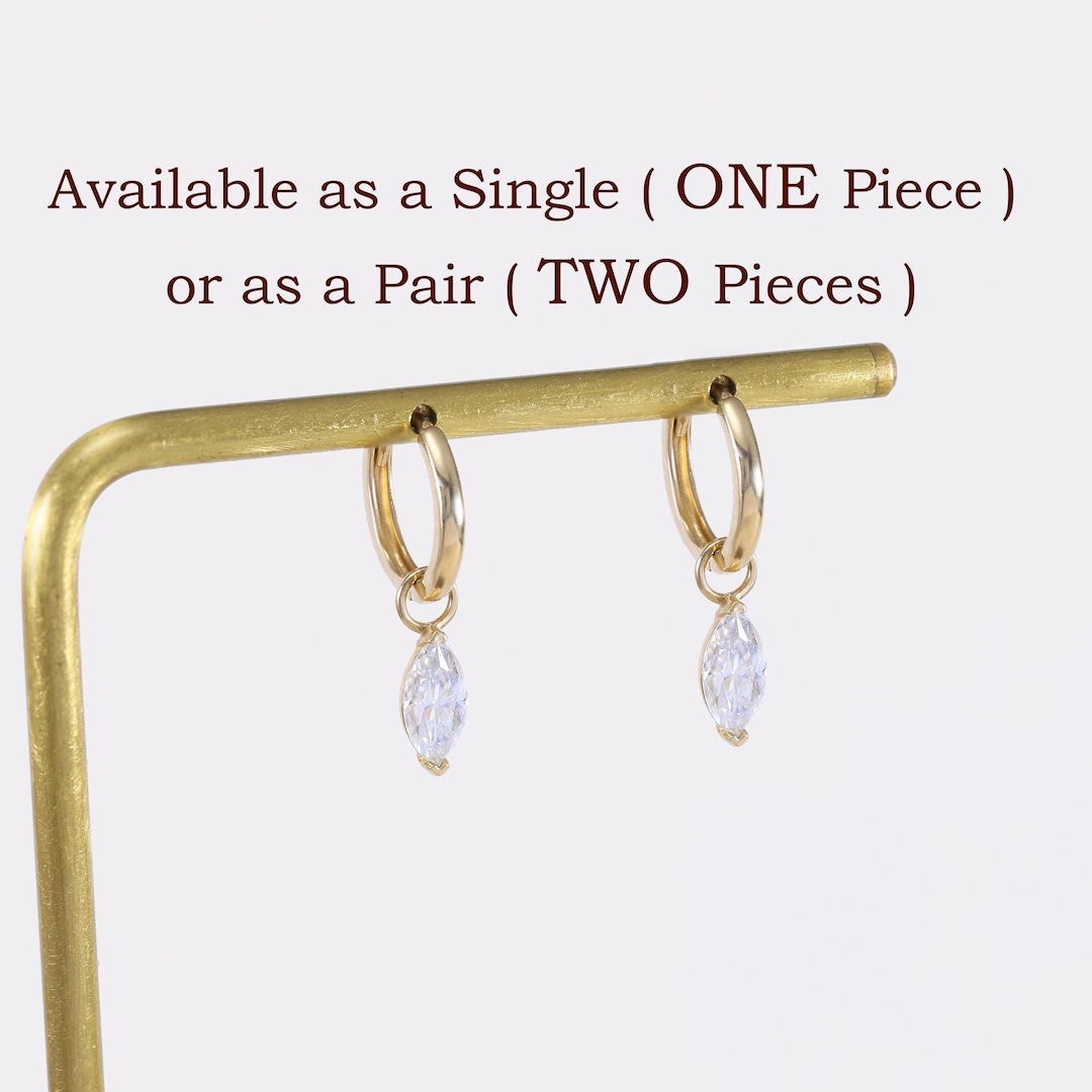 14K Solid Gold Dangle Marquise Moissanite Charm Hoop Earring, Gold ...
