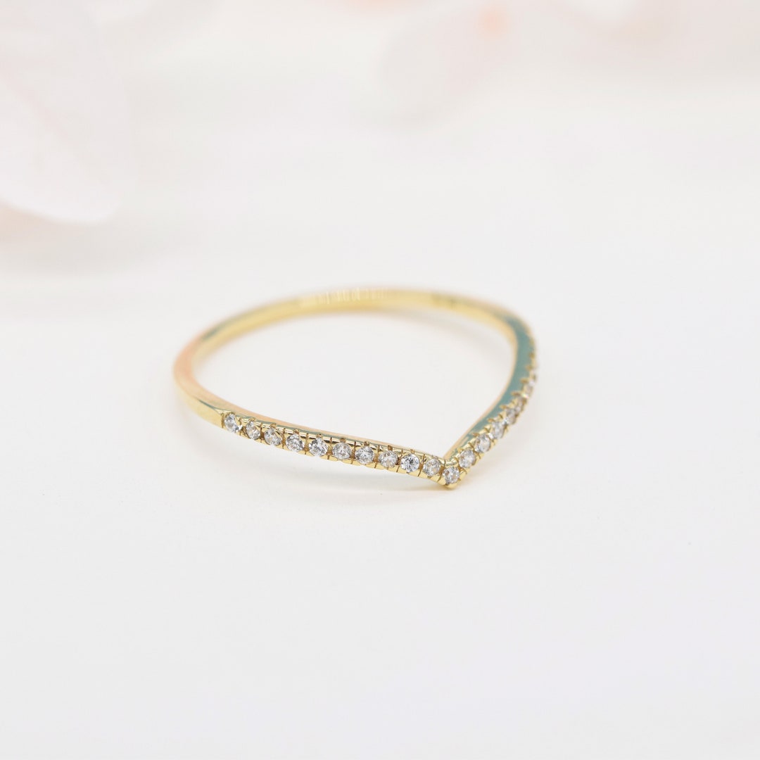 14K Solid Gold Curved Band Ring, Stackable Contour Ring, Gold V Shape ...