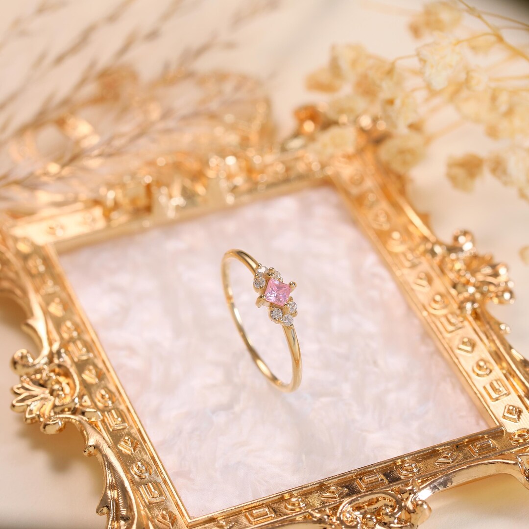 14k Solid Gold Square Pink Cubic Zirconia Ring, 14K Solid Gold Gemstone Ring, Dainty Gold Square ...