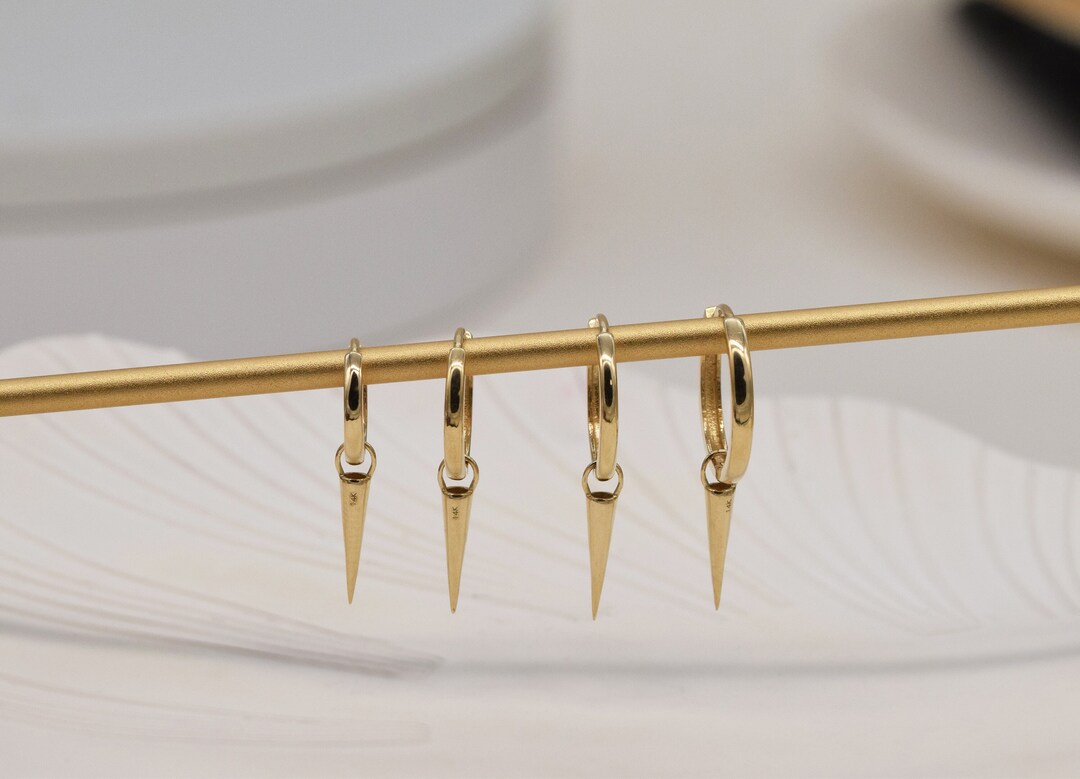14K Solid Gold Spike Dangle Charm Hoop Earring, Gold Dangle Charm ...
