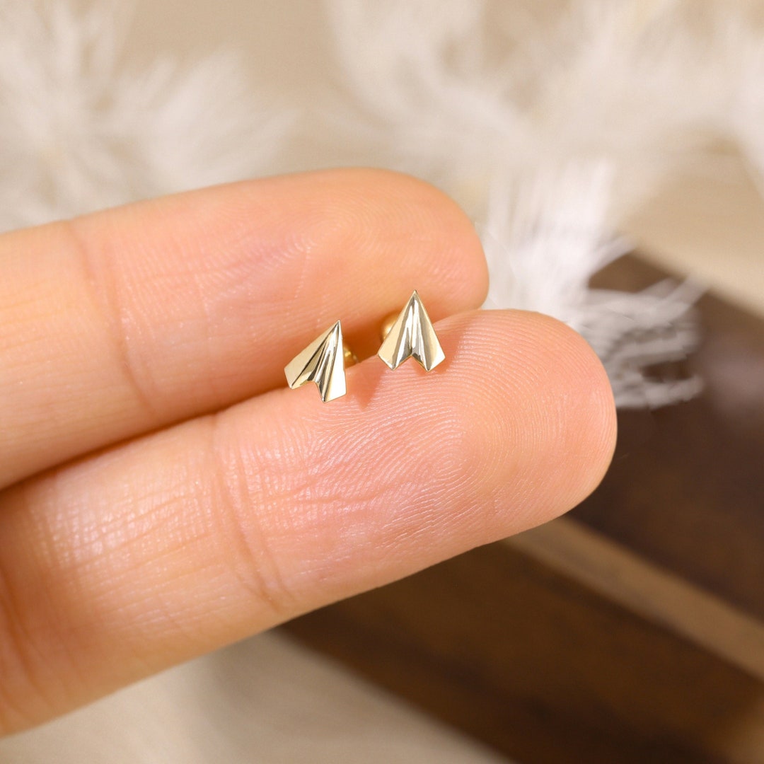 10k Solid Gold Paper Airplane Stud Earrings, Tiny Solid Gold Studs ...
