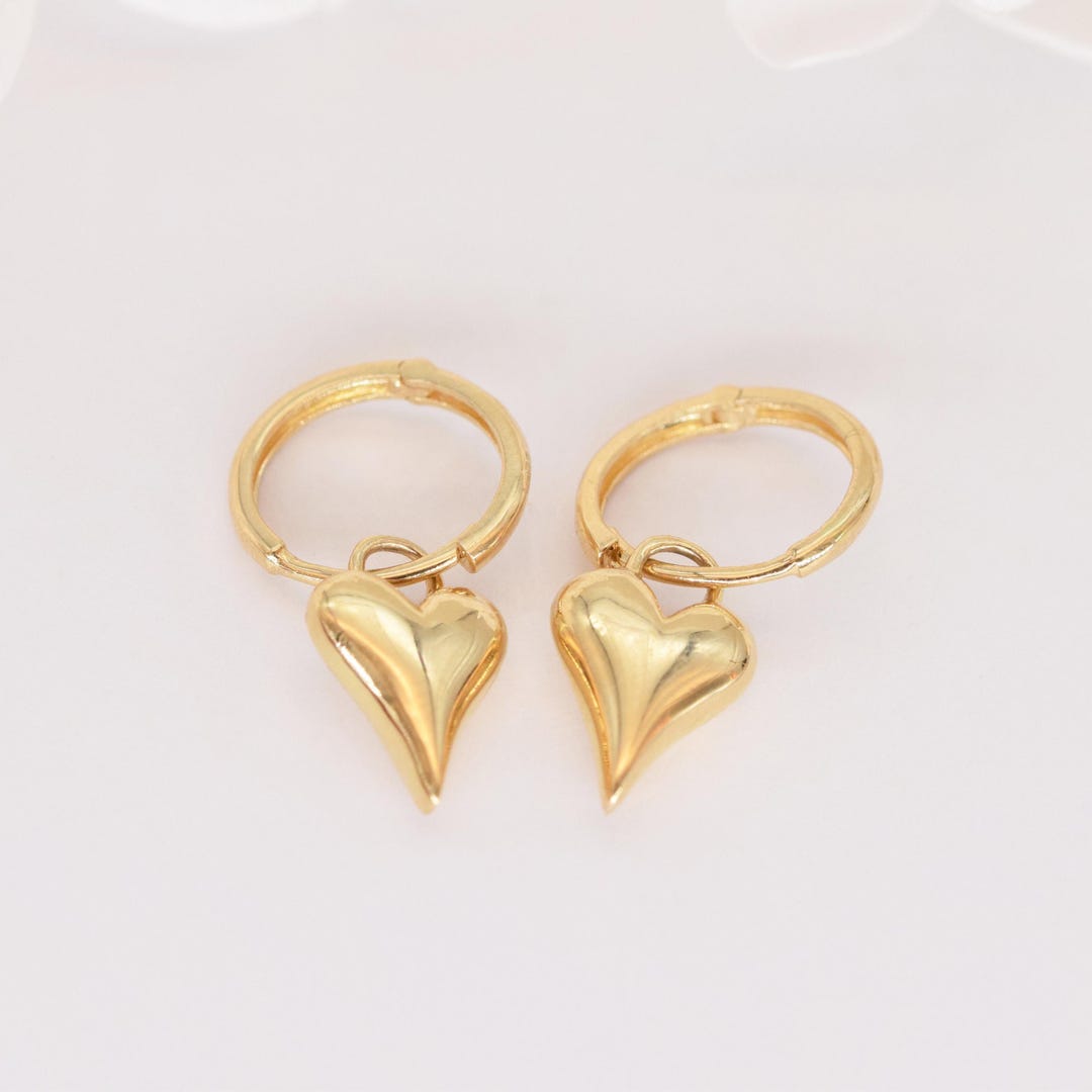 10K Solid Gold Dangle Heart Shaped Hoop Earring, Solid Gold Heart ...