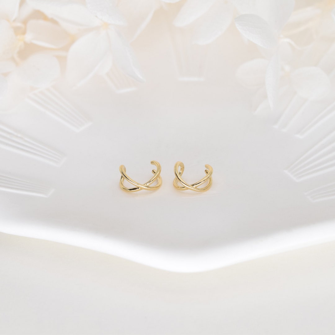 14K Solid Gold Ear Cuff Earring, Gold X Shape Cuff Earring, No Piercing ...
