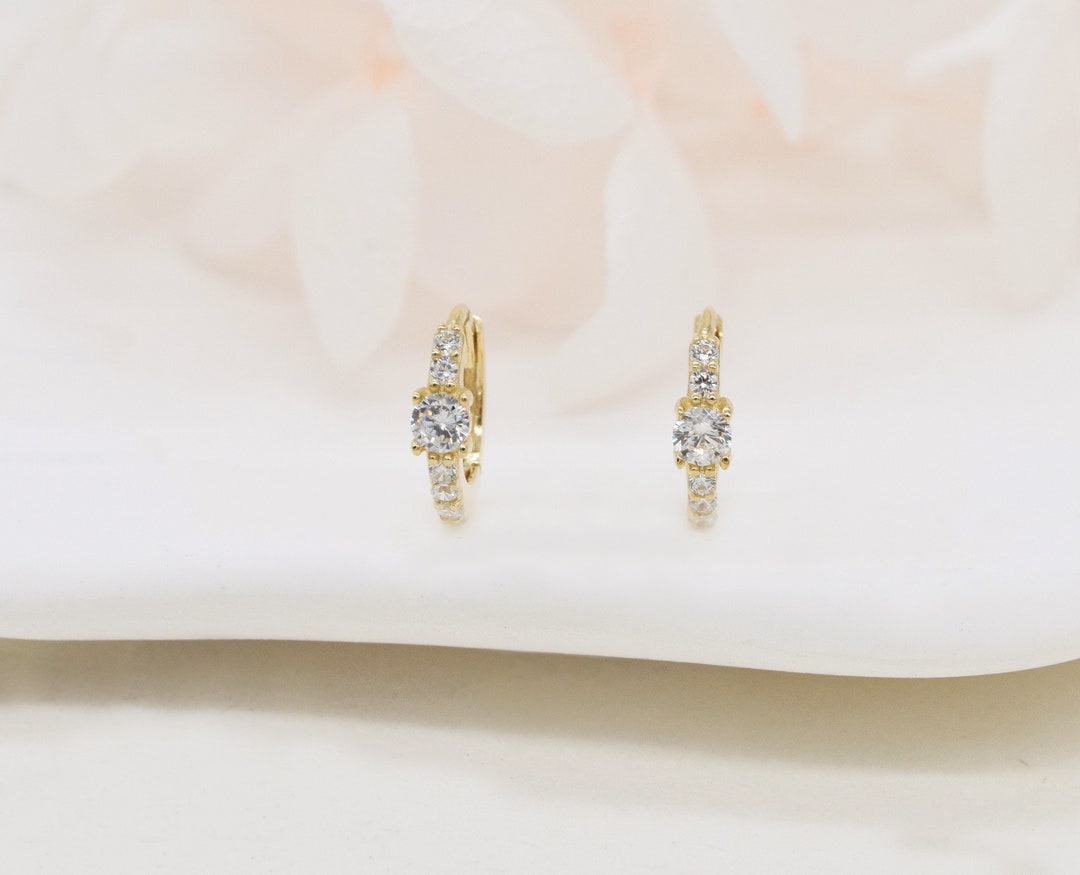 14K Solid Gold Diamond Small Hoop Earring, Solid Gold Cartilage ...