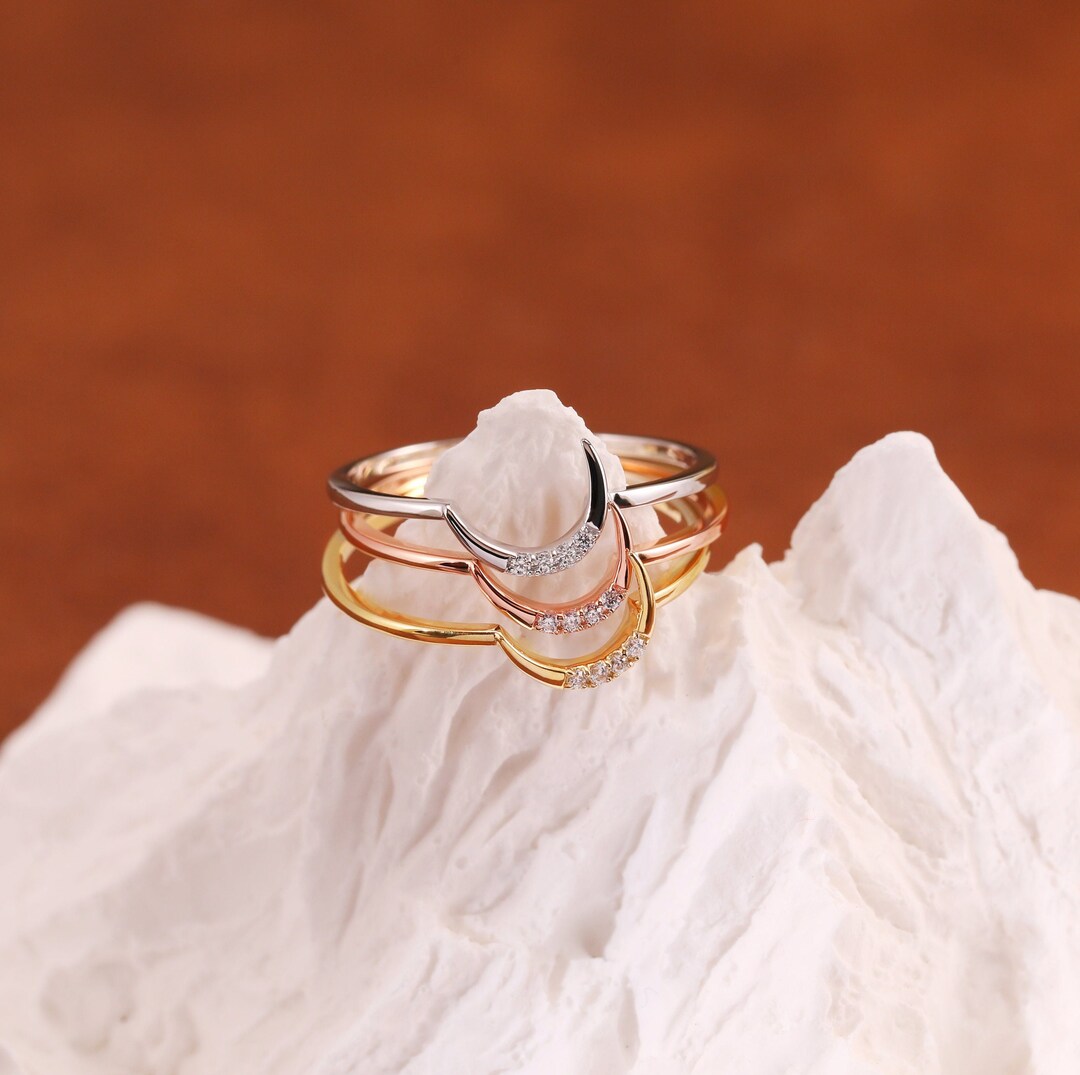 14K Solid Gold Moon Shape Cubic Zirconia Thin Band Ring, Solid Gold ...
