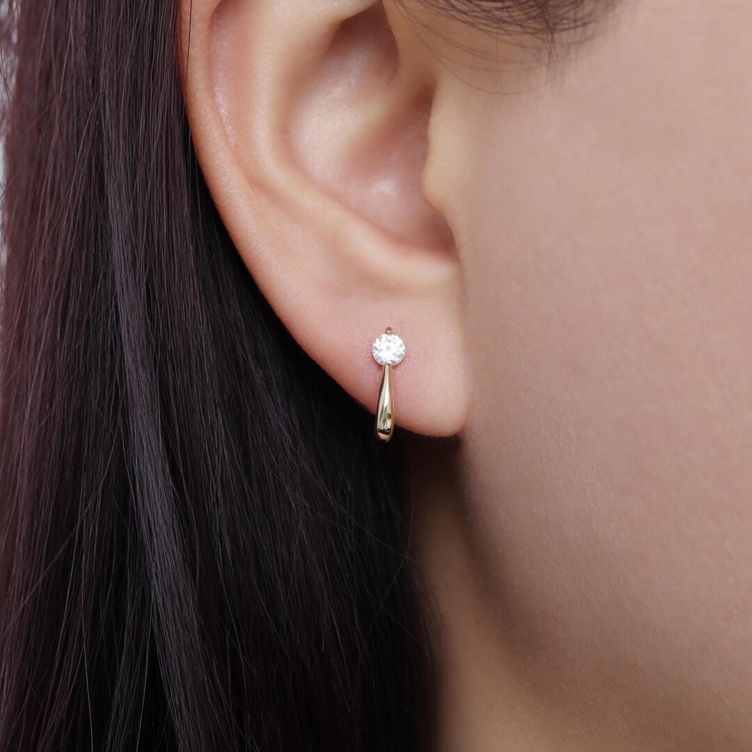 10K Solid Gold Diamond Half Hoop Earring, Round Gemstone Butterfly Back ...