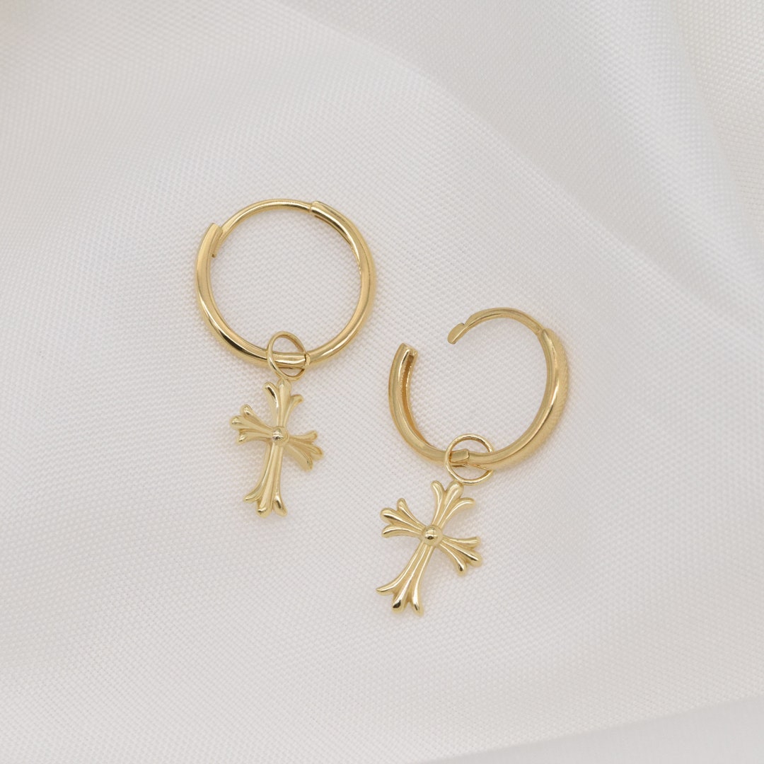 10K Solid Gold Cross Hoop Earrings, Gold Cross Charm Earrings, Gold ...