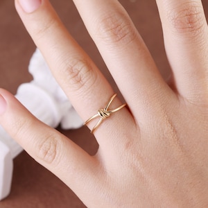14k Solid Gold Bow Knot Open Ring, Solid Gold Ribbon Adjustable Ring With Minimalist Design ...