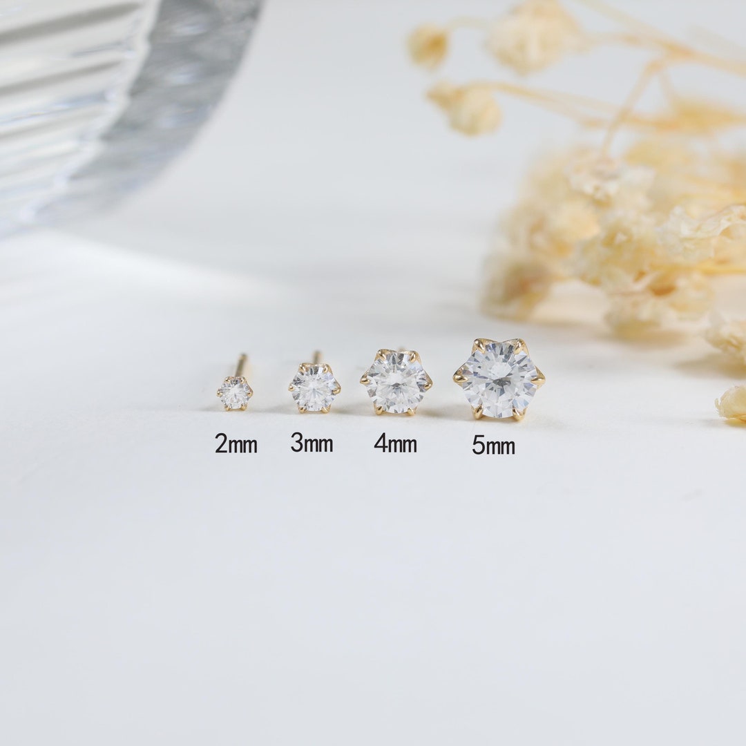 14K Solid Gold Lotus Prong Setting Gemstone Stud Earring, Gold Cubic ...