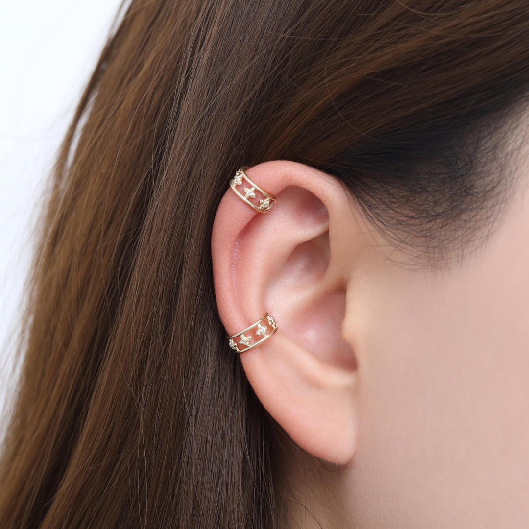 14K Solid Gold Four Leaf Clover Diamond Cuff, No Piercing Gemstone Flower Cartilage Earring ...