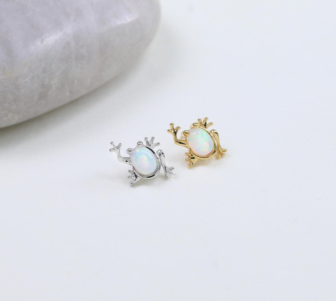 Sterling Silver Opal Frog Shaped Stud, 14K Gold Plated Gemstone ...