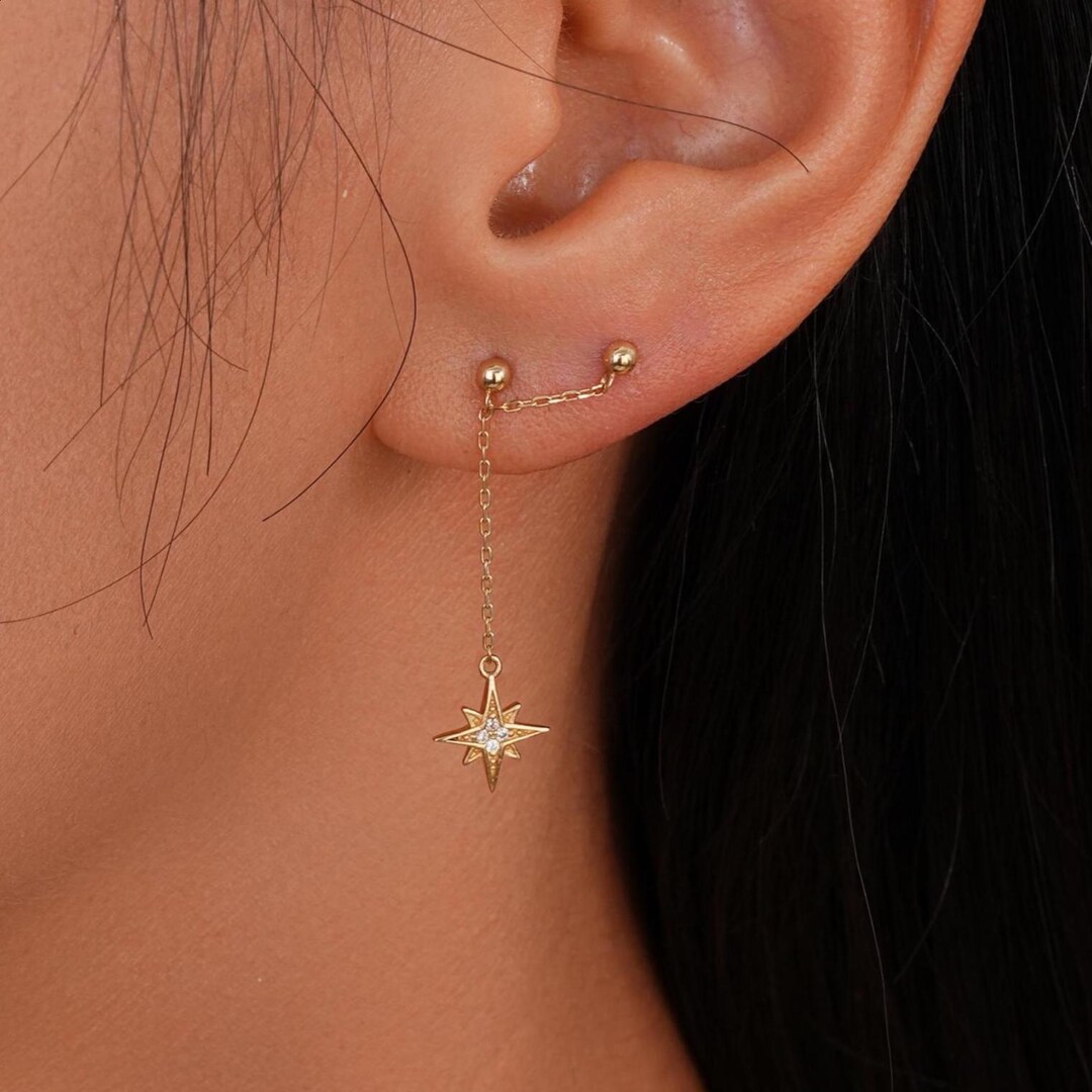 10K Solid Gold Star Double Piercing Chain Stud, Dangle Cable Chain CZ ...