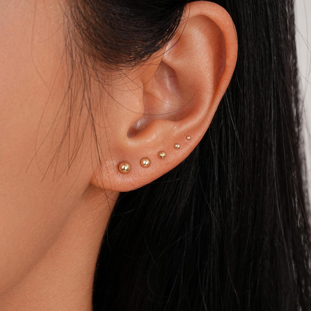 14K Solid Gold Tiny Ball Helix Cartilage Piercing, Real Gold Bead Dot ...