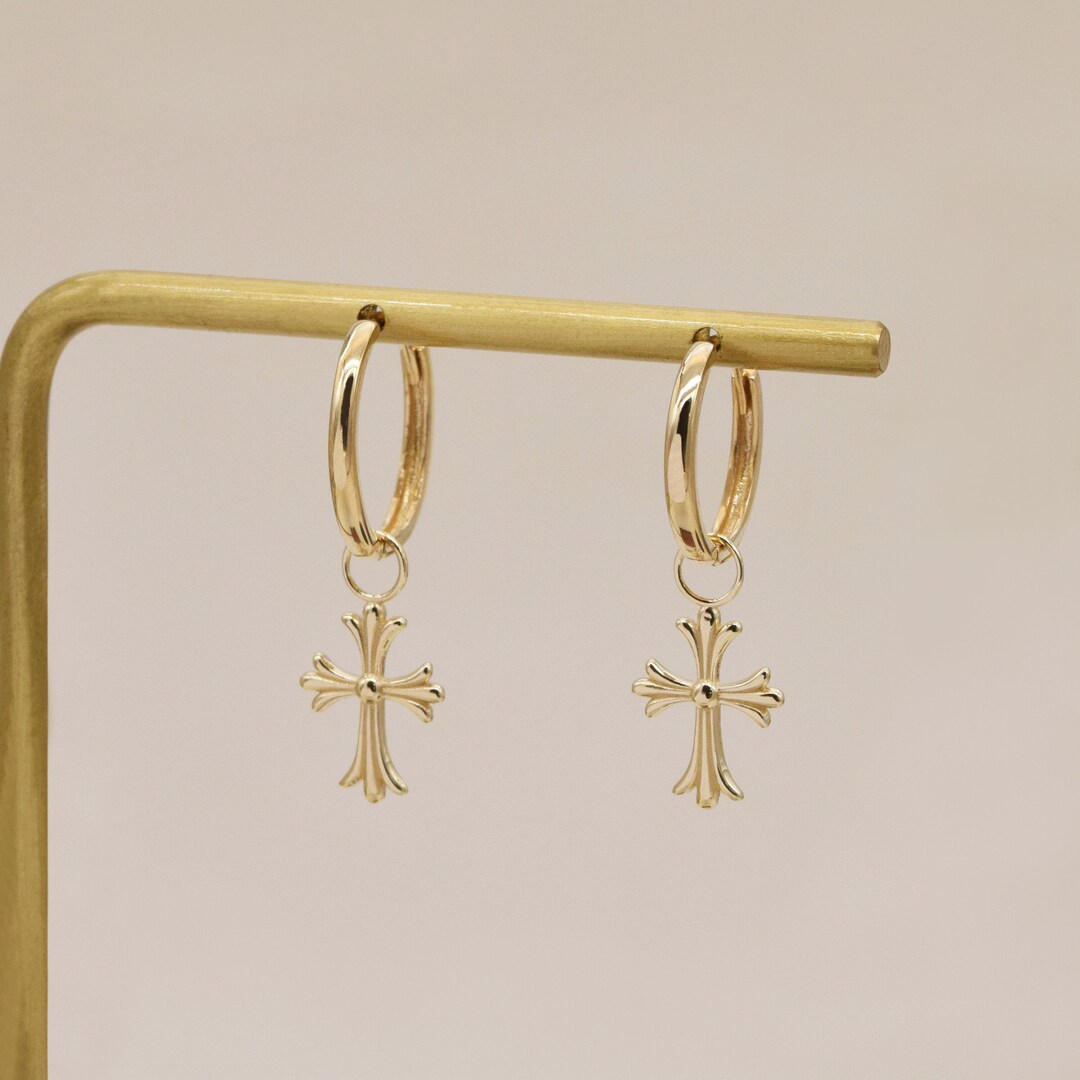 10K Solid Gold Cross Hoop Earrings, Gold Cross Charm Earrings, Gold ...