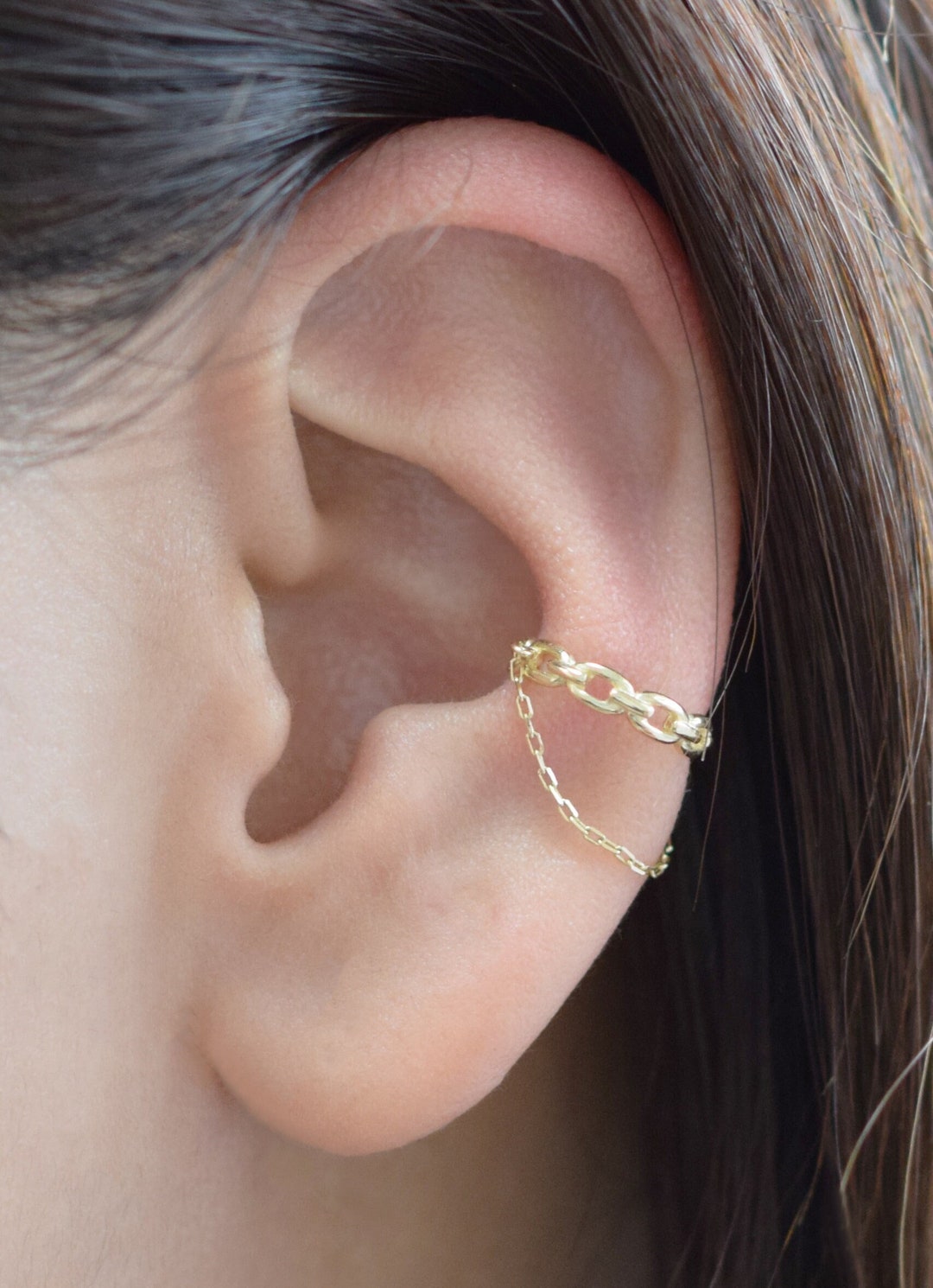 14K Solid Gold Chain Conch Ear Cuff With Dangling Chain, Gold Dangle ...