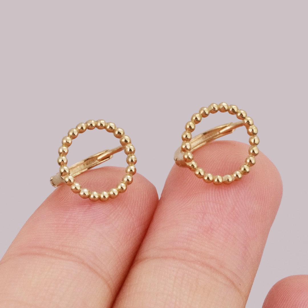 14K Solid Gold Dainty Round Hoop Earring, Tiny Gold Bead Earlobe Hoop ...