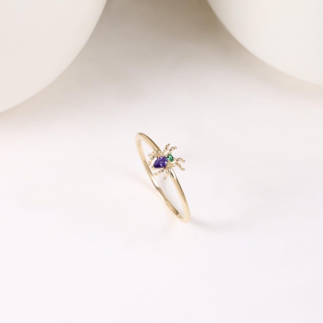 14K Solid Gold Spider Ring: Emerald Amethyst CZ Statement Jewelry - Etsy