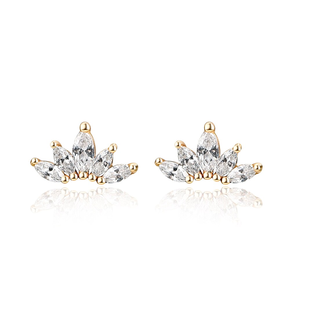 14K Solid Gold Diamond Crown Stud Earring, Marquise Cut Gemstone ...