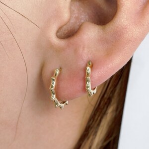 10K Solid Gold Bamboo Knot Hoop Earrings, Tiny Gold Gear Hoop Earrings, Minimalist Gold Sun ...