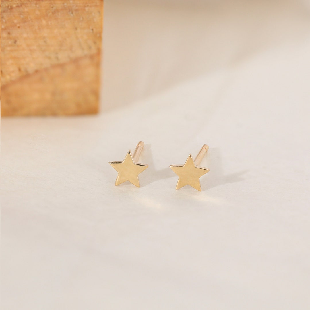 14K Solid Gold Tiny Star Stud Earrings, Dainty Celestial Stud, Earlobe Piercing, Gold Minimalist ...