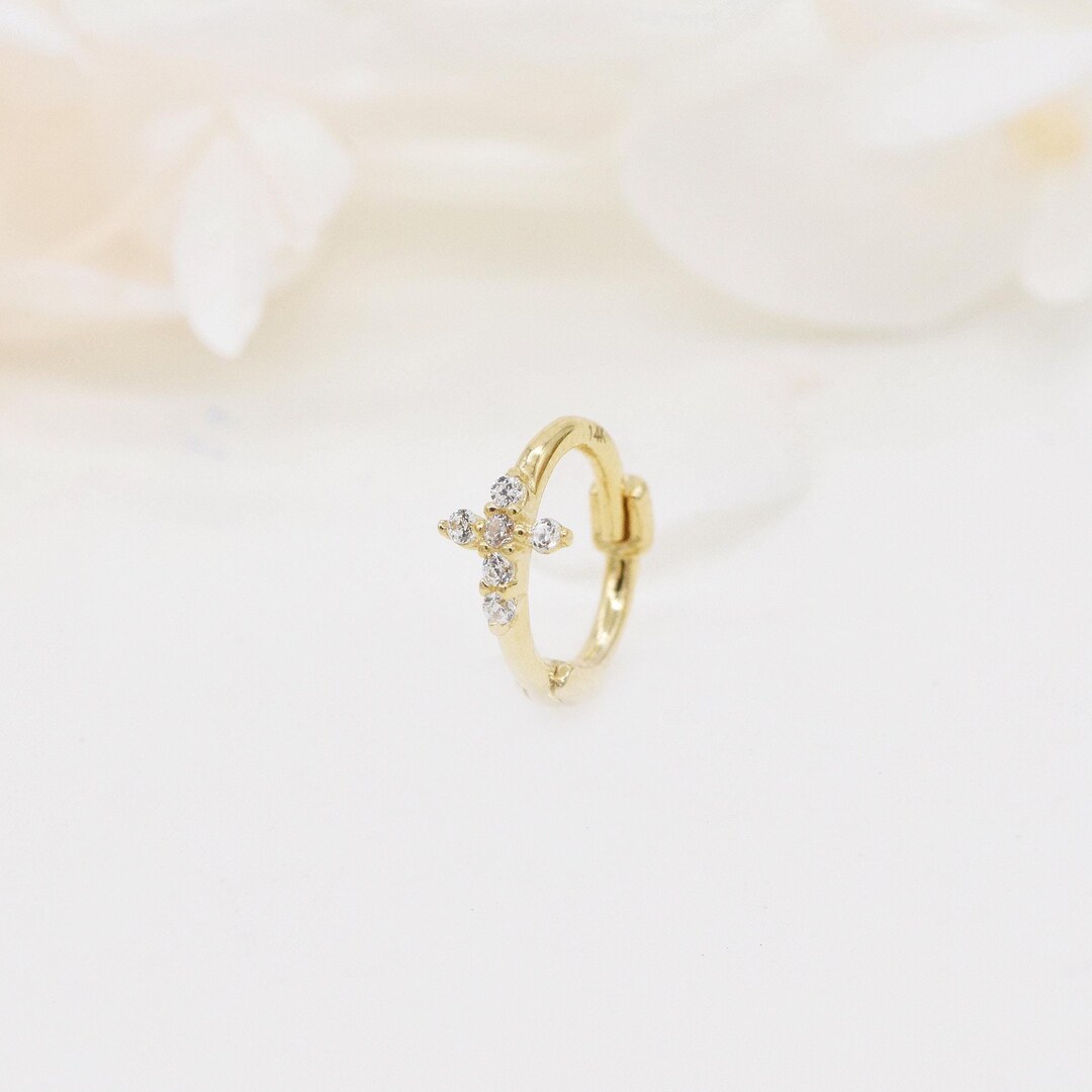 14K Solid Gold 6.3mm Helix Cross Hoop Earring, Gold Diamond Cartilage ...