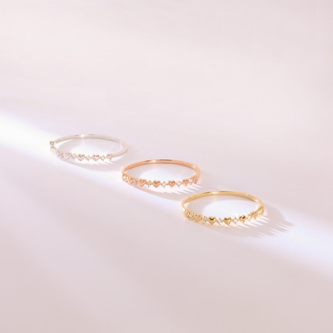 14k Solid Gold Tiny Heart Stacking Ring, Dainty Wedding Ring, Sparkling Cz Marriage Eternity ...