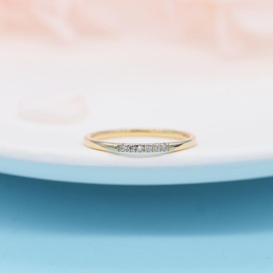 14k Solid Gold Diamond Thin Band Ring, Solid Gold Gemstone Stackable ...
