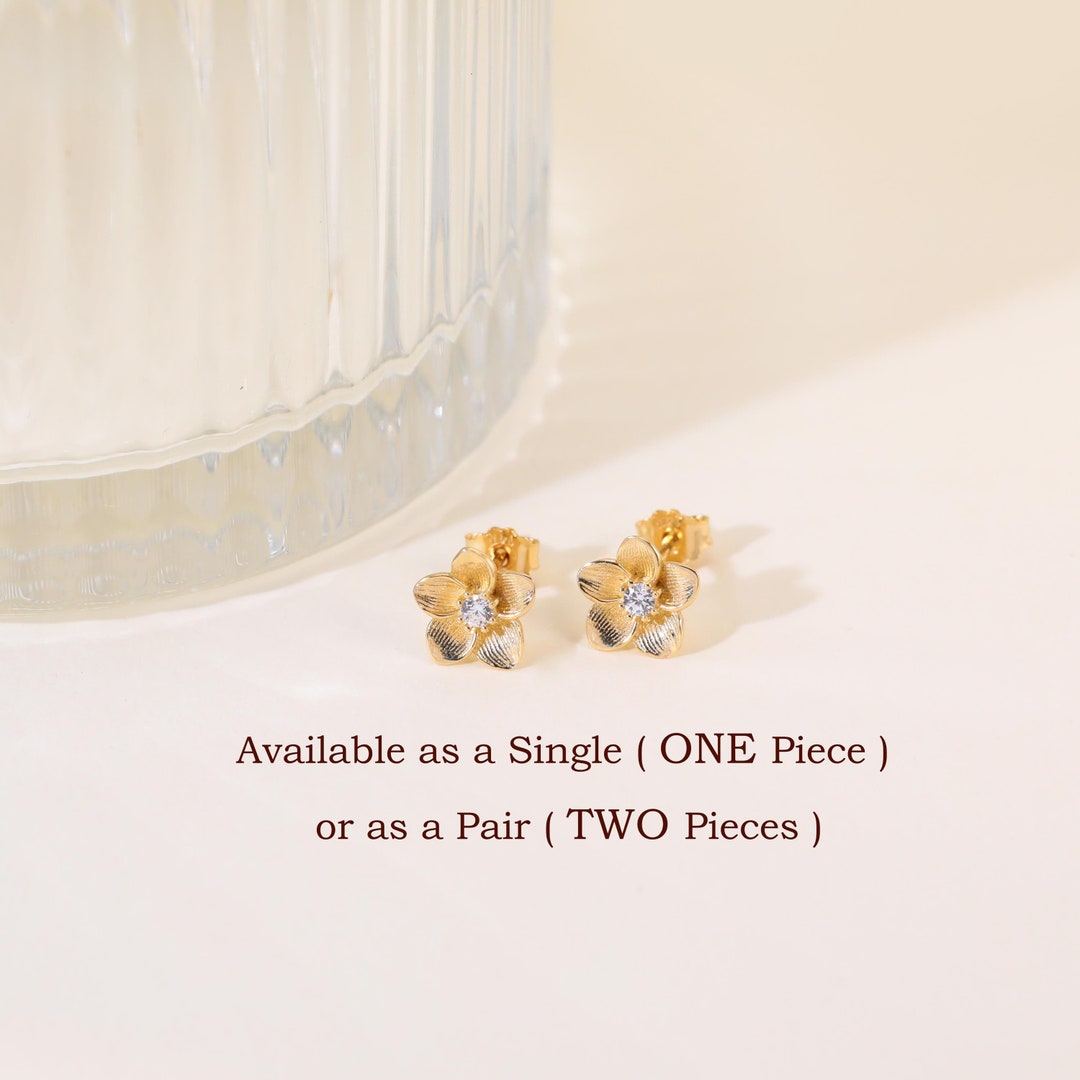 14K Solid Gold Floral CZ Stud Earrings, Sparkling Tiny Flower Studs, Dainty Gemstone Earrings ...