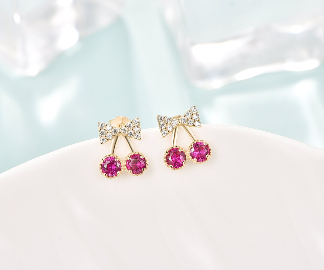 14K Solid Gold Cherry Stud Earrings,ribbon Bow Earring,small Stud Earrings,gold Stud Earrings ...