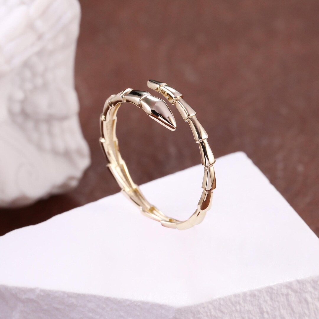 14K Solid Gold Snake Bone Ring, Open Adjustable Serpent Structure Band ...