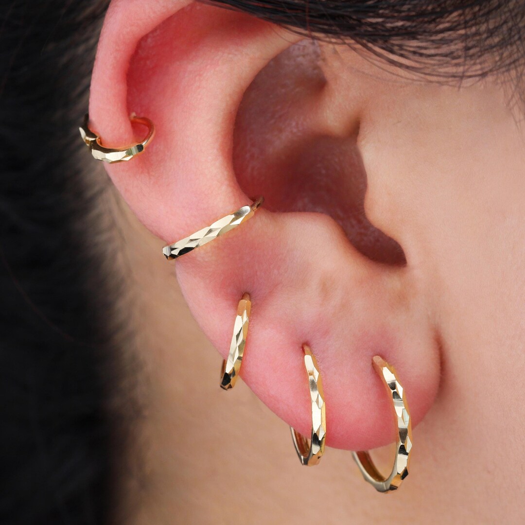 14K Solid Gold Diamond Cut Huggie Hoop Earrings, Solid Gold Minimalist ...