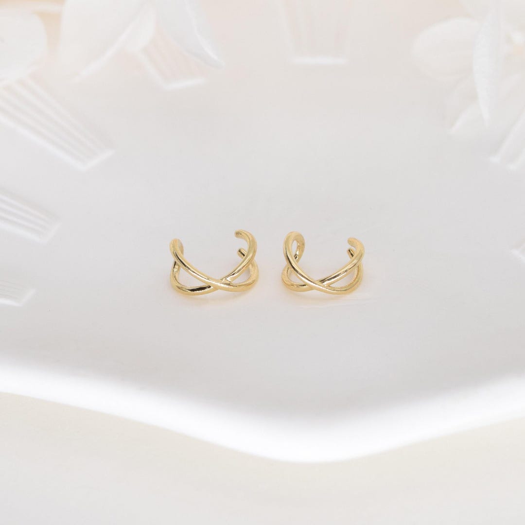 14K Solid Gold Ear Cuff Earring, Gold X Shape Cuff Earring, No Piercing ...