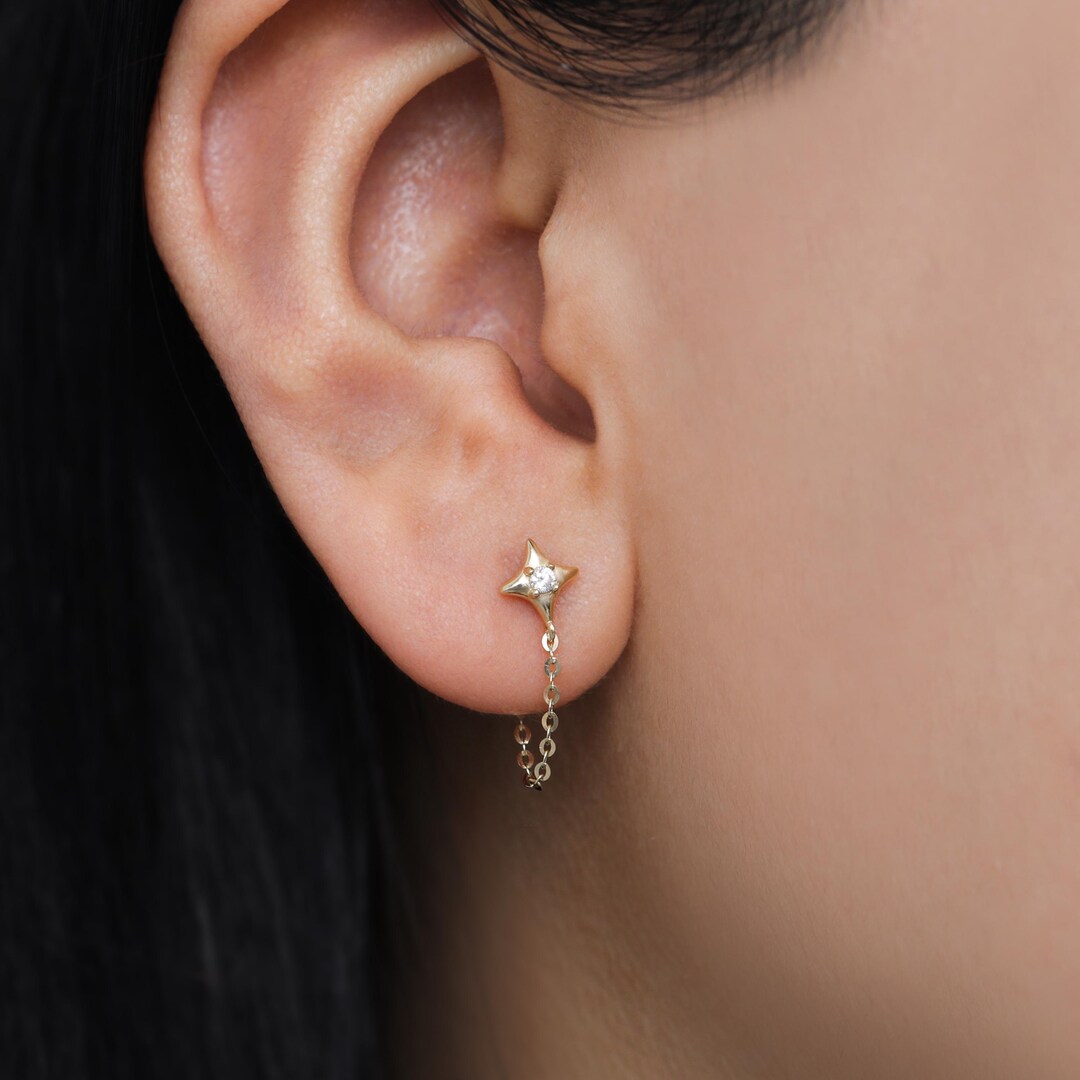 14K Solid Gold Diamond Star Lobe Stud Earring, Gold Dangle Cable Chain ...