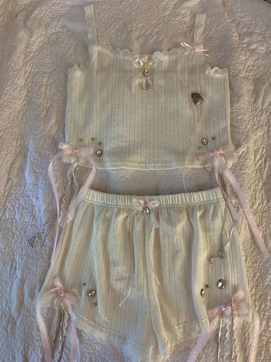White Pastel Cami & Shorts Set to Wear Out or Pajamas Set Lace Pink ...