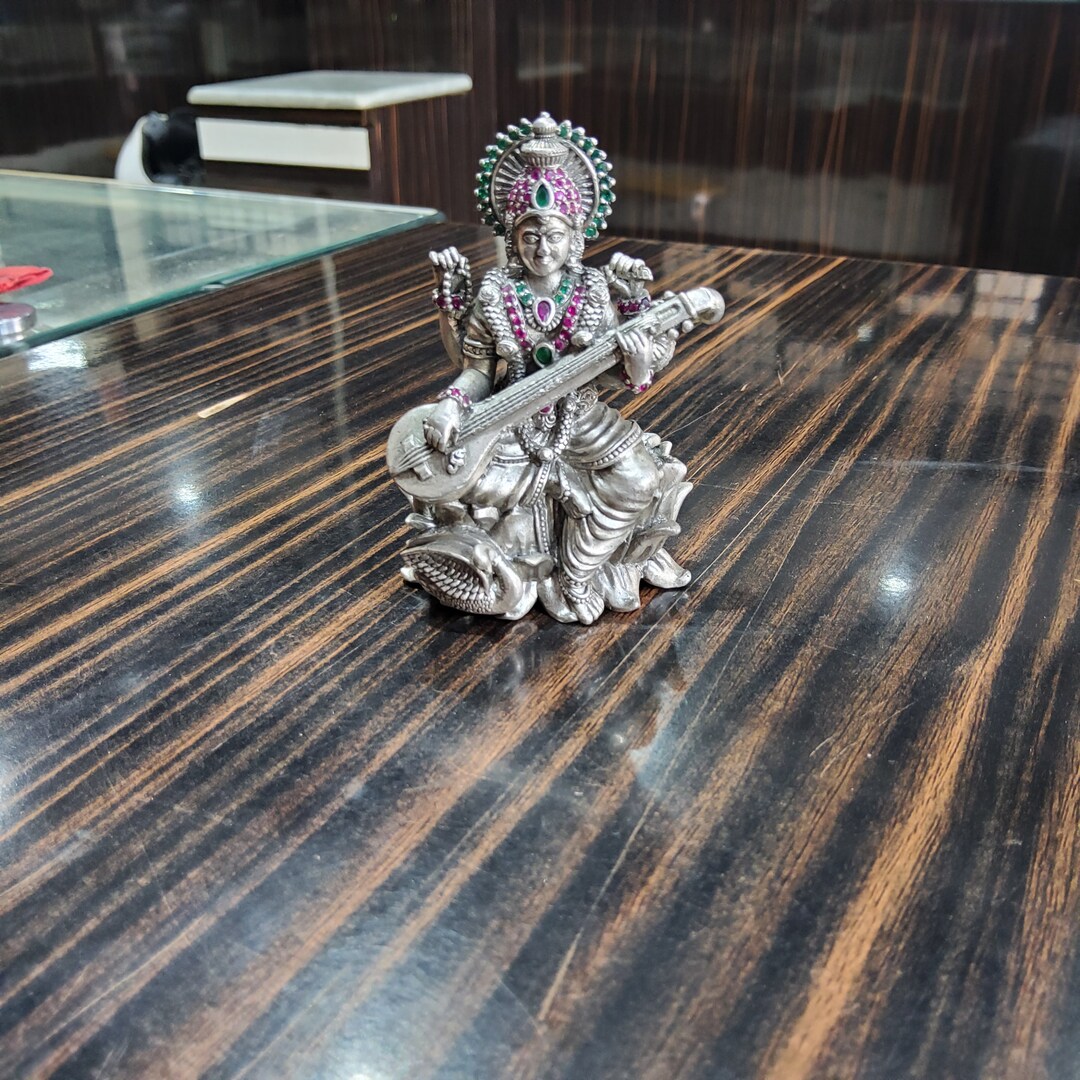 BIS HALLMARKED 925 3D Antique Silver Saraswathi AD Ruby Handmade Customized Idol Small Statue ...