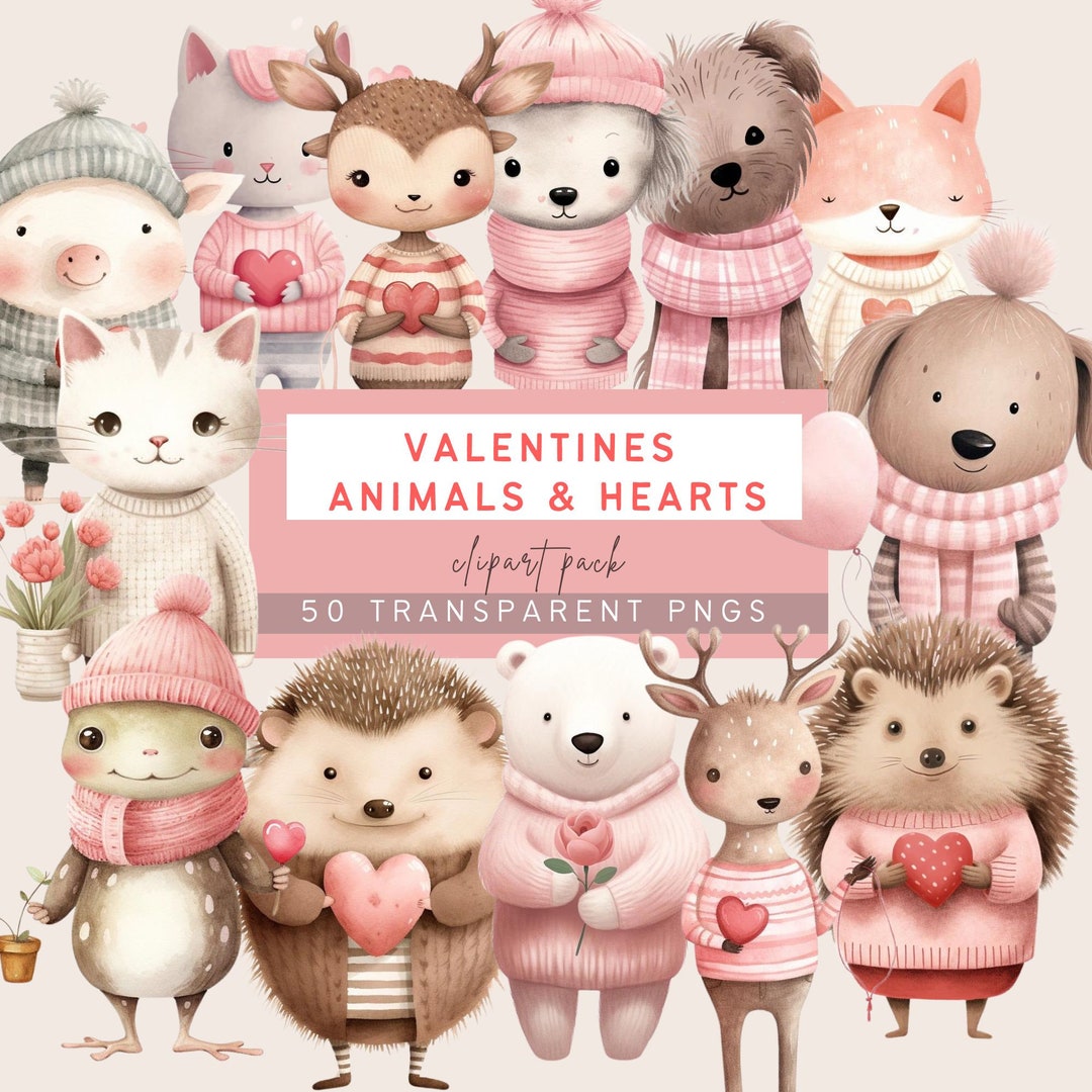 Valentine Whimsical Animal Clipart, Watercolor Cute Valentines, 50 PNG ...