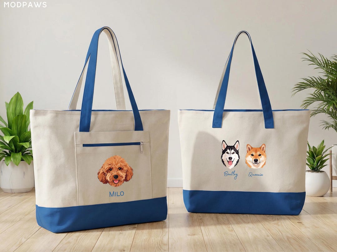 Custom Dog Tote Bag Personalized Cat Photo Portrait Zippered Canvas Pet ...