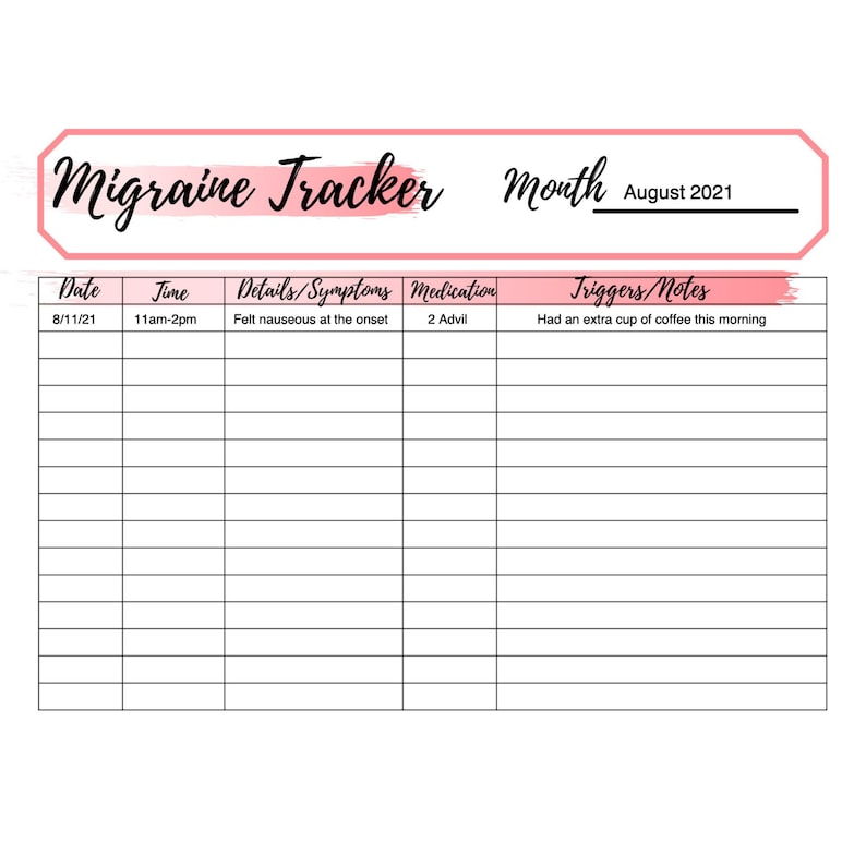 Migraine + Headache Tracker Journal, Printable Headache Log, Headache ...