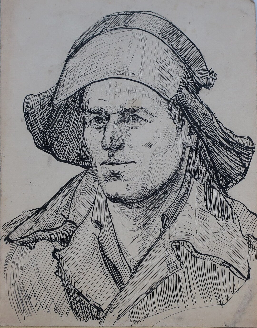 Portrait of a Worker. Ukrainian Artist Gribok D. 26-20cm Graphics on ...
