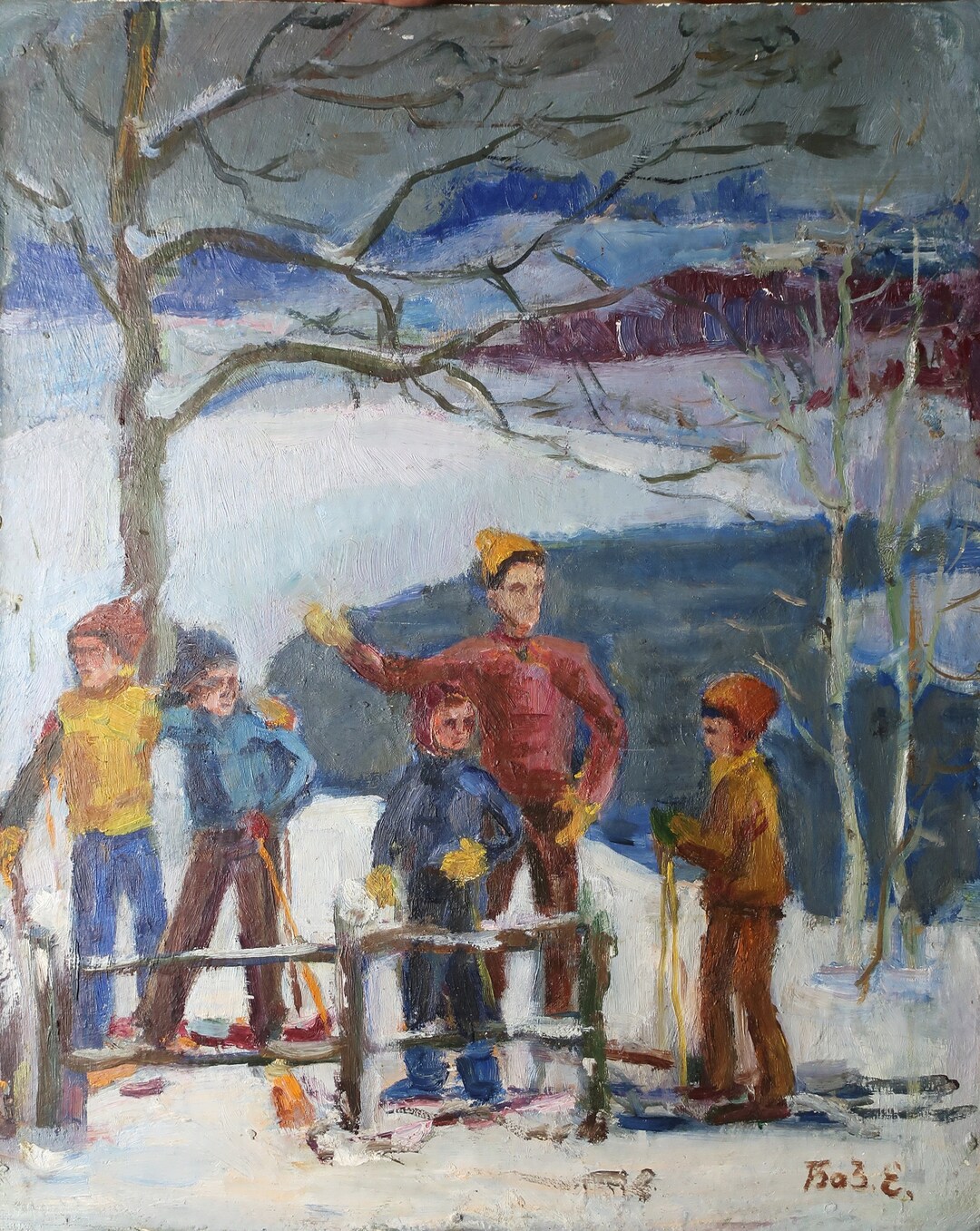 Kinder. Antikes Ölgemälde Original des Sozialistischen Realismus ...
